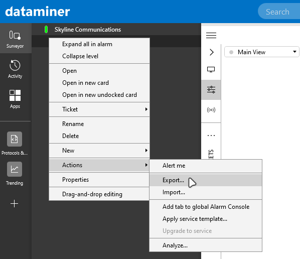 Exporting elements, services, etc. to a .dmimport file | DataMiner Docs